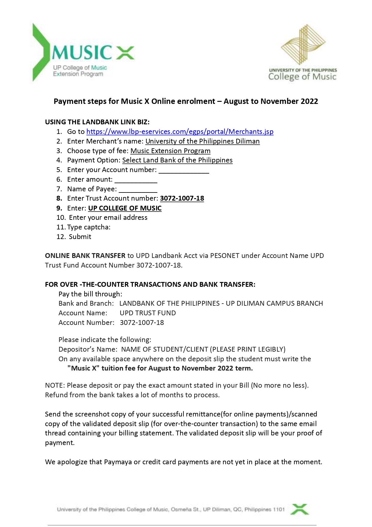 Music X Enrollment Procedure