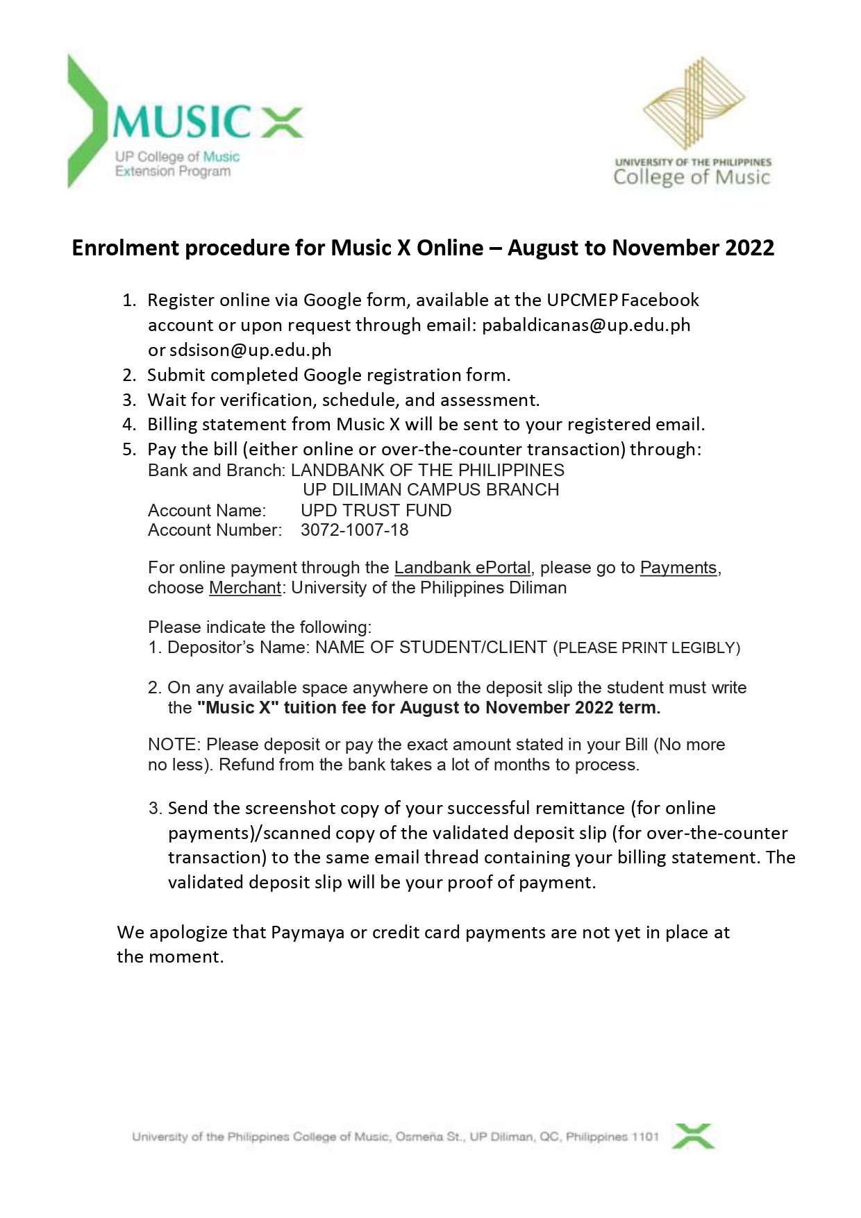 Music X Enrollment Procedure
